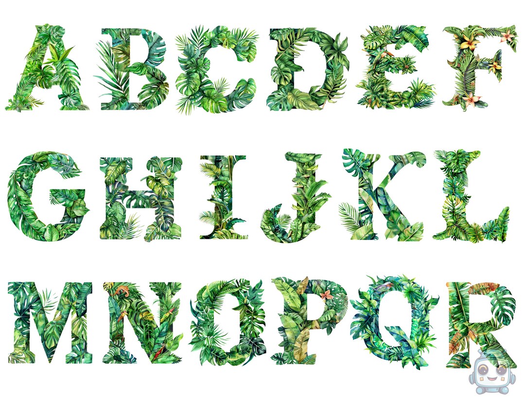 Watercolor Leaves Tropical Alphabet, Graphics in PNG Format Instant ...