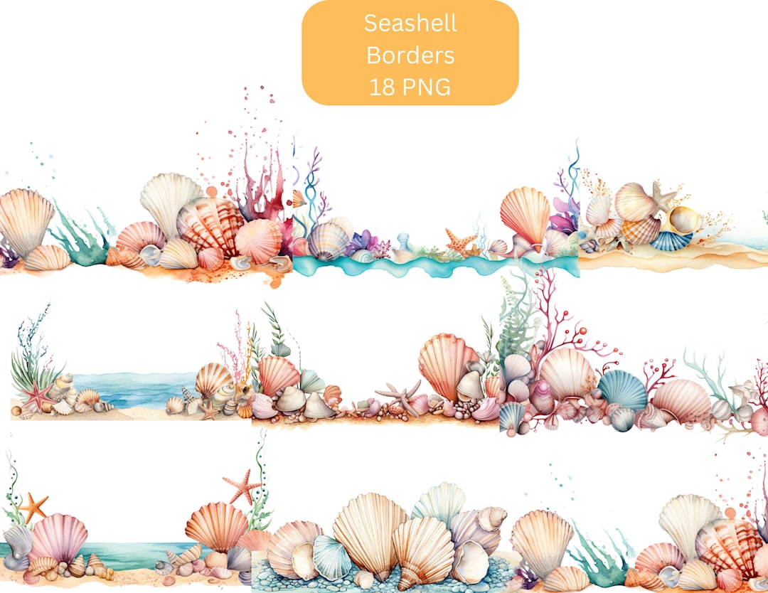 Watercolor Seashell Borders Clipart, PNG Digital Files on Transparent ...