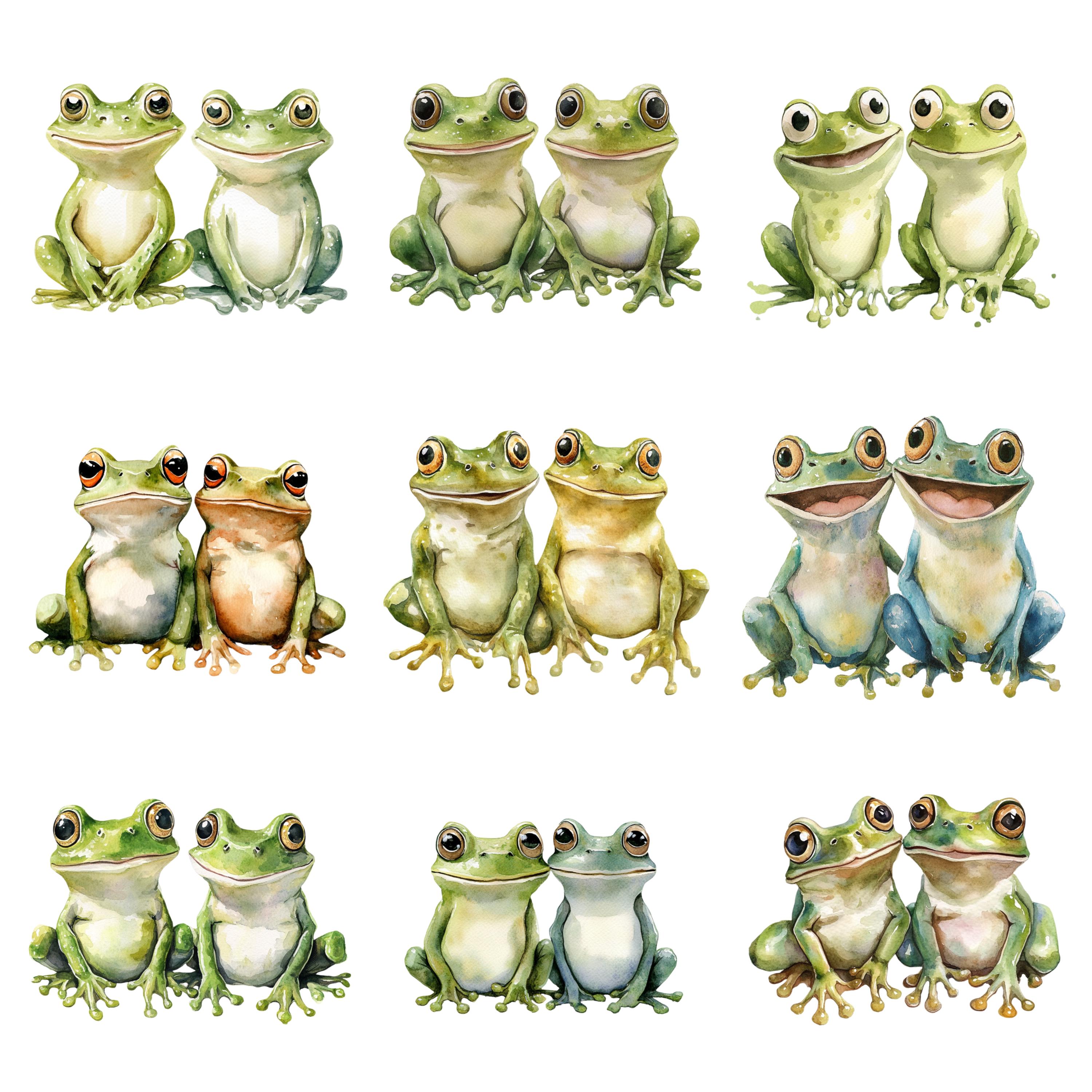 Watercolor Frog Clipart Set - Cute Amphibian Illustrations - Frogs in ...