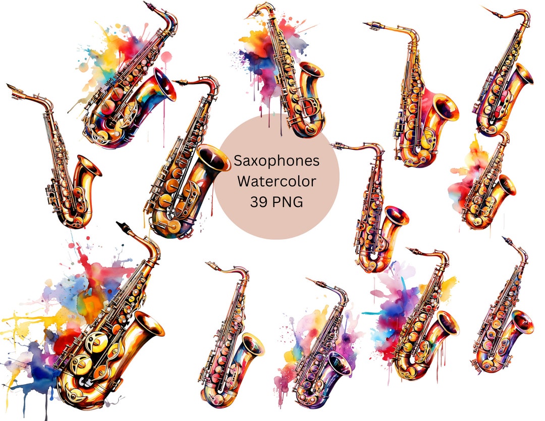 Watercolor Saxophones Clipart, PNG Digital Files on Transparent ...