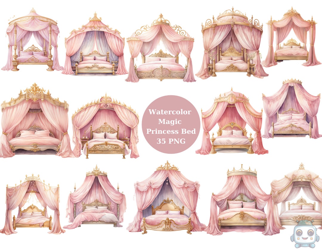 Watercolor 34 Princess Bed Clipart, PNG Digital Files on Transparent ...