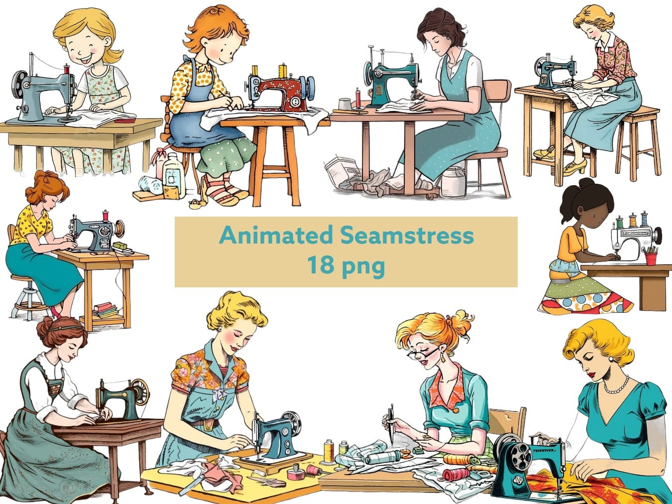 Animated SEAMSTRES Clipart PNG Digital Files on a Transparent - Etsy Canada