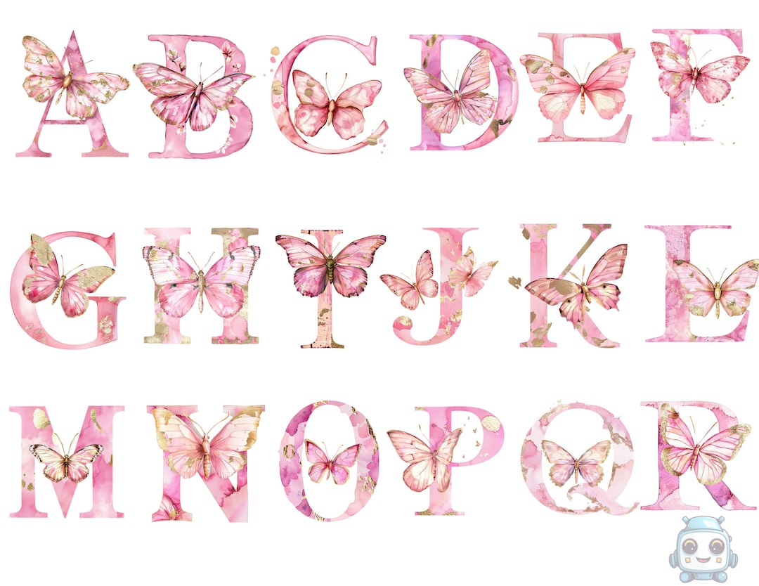 Watercolor Pink Butterflies Alphabet in PNG Format Instant Download for ...