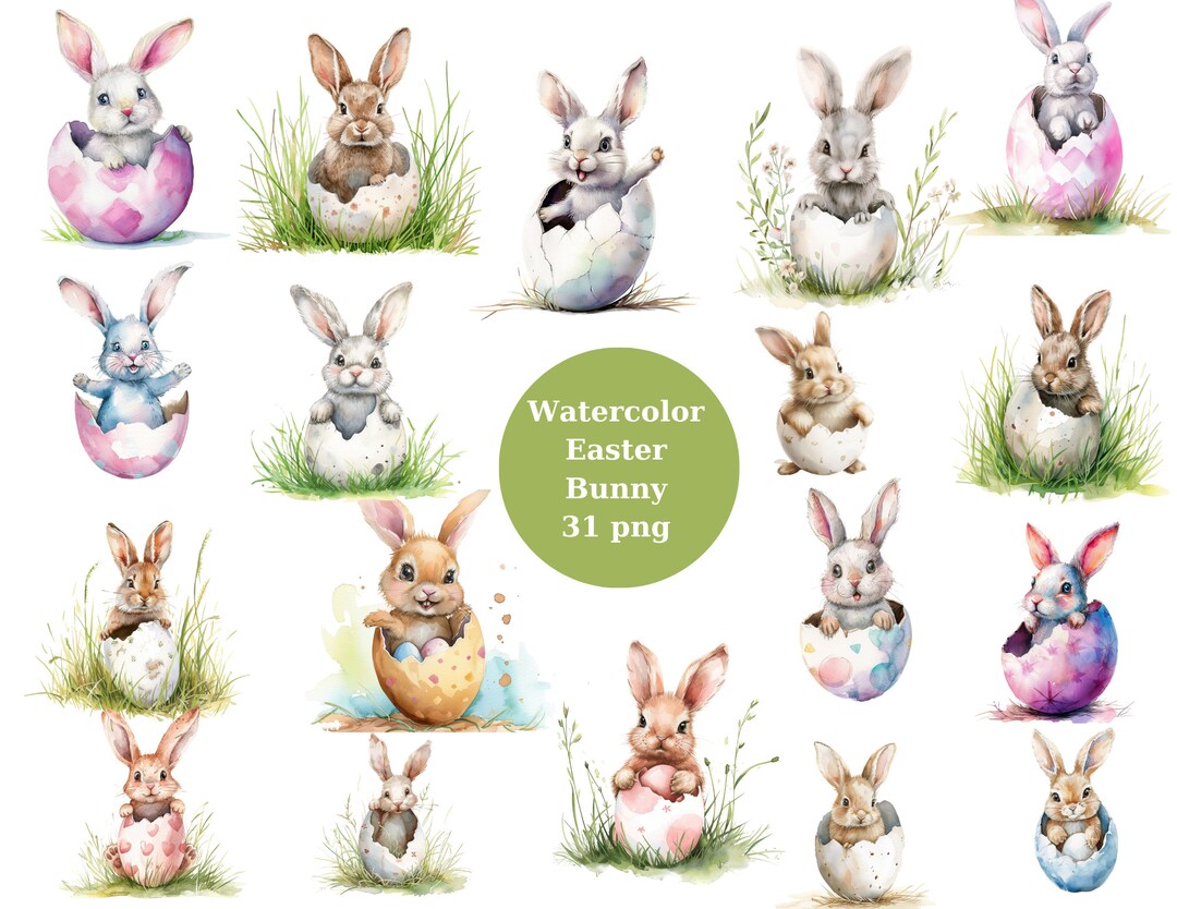 Watercolor Easter Bunny Clipart, Easter Eggs, PNG Digital Files on a ...