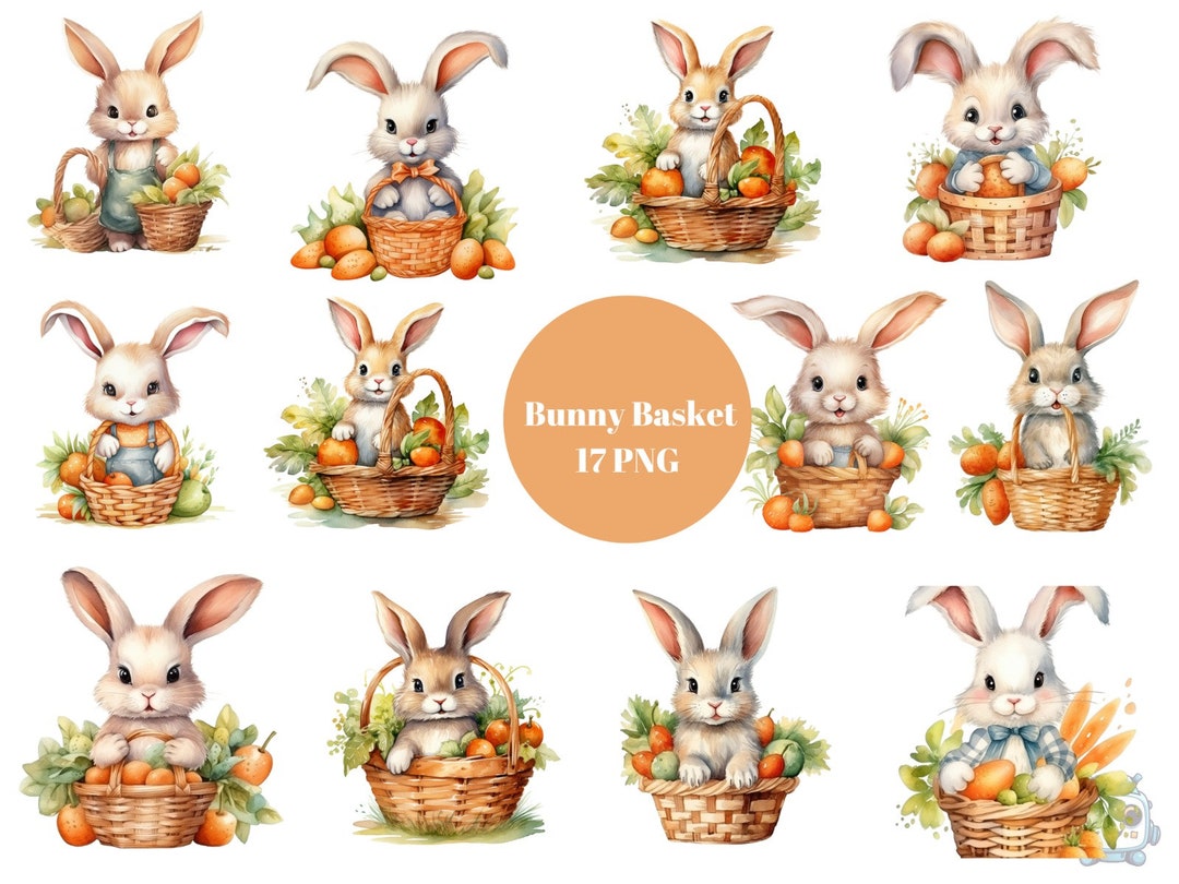 17 Basket Bunny Watercolor Clipart, Easter Clipart, PNG Individual ...