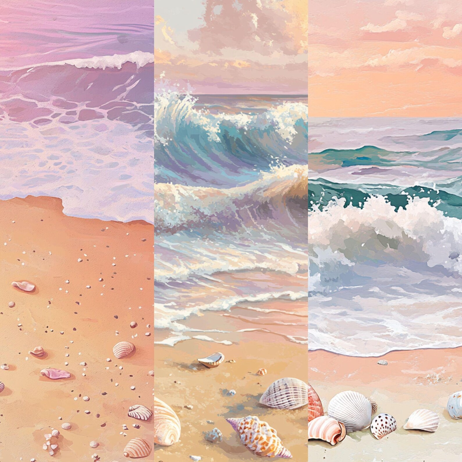 Pastel Beach Digital Paper Pack, Soft Ocean Waves, Seashell Shoreline ...