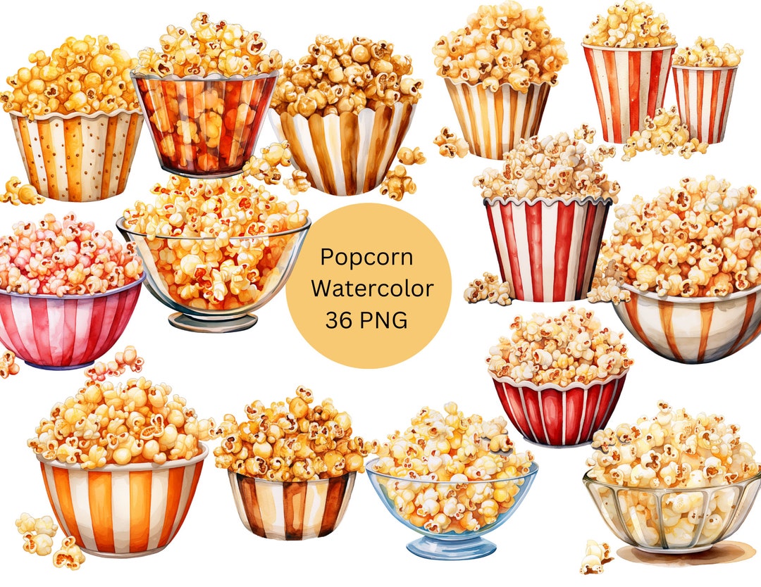 Watercolor Popcorn Clipart, PNG Individual Images on Transparent ...