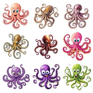 Cartoon Octopus Clipart Set - Fun and Colorful Ocean Creatures - 30 PNG ...