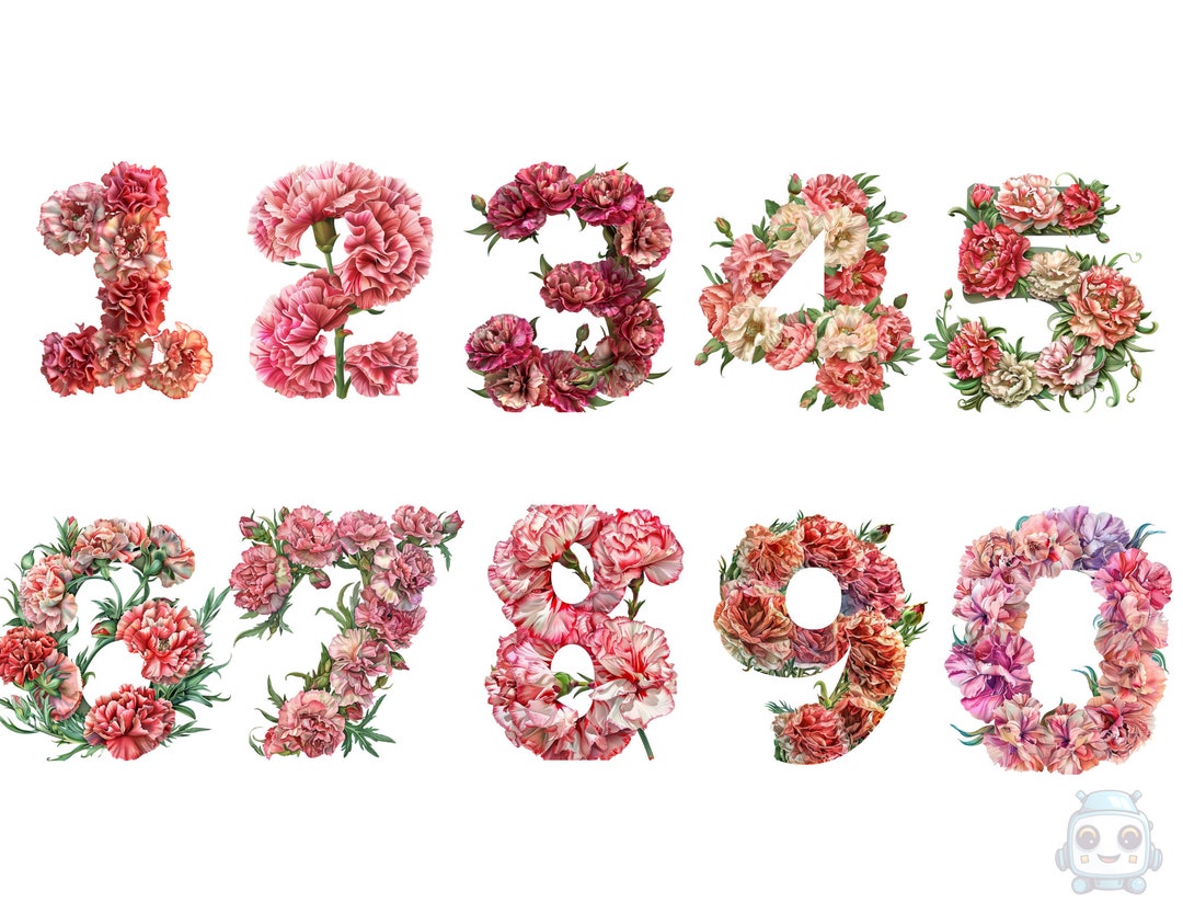 Carnation Numbers Watercolor Clipart, Floral Clipart, PNG Individual ...
