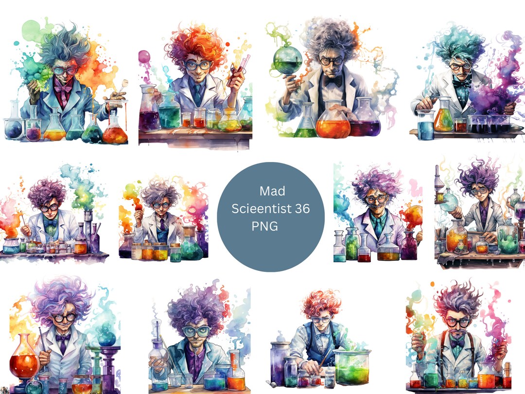 36 Mad Scientists Watercolor Clipart, Science Clipart, PNG Individual ...