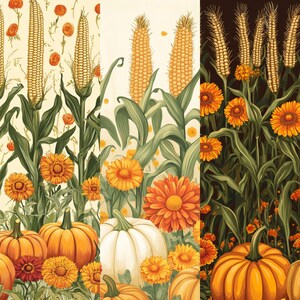 Fall Garden Digital Paper Pack - Harvest Flowers, Corn, Pumpkins Autumn ...