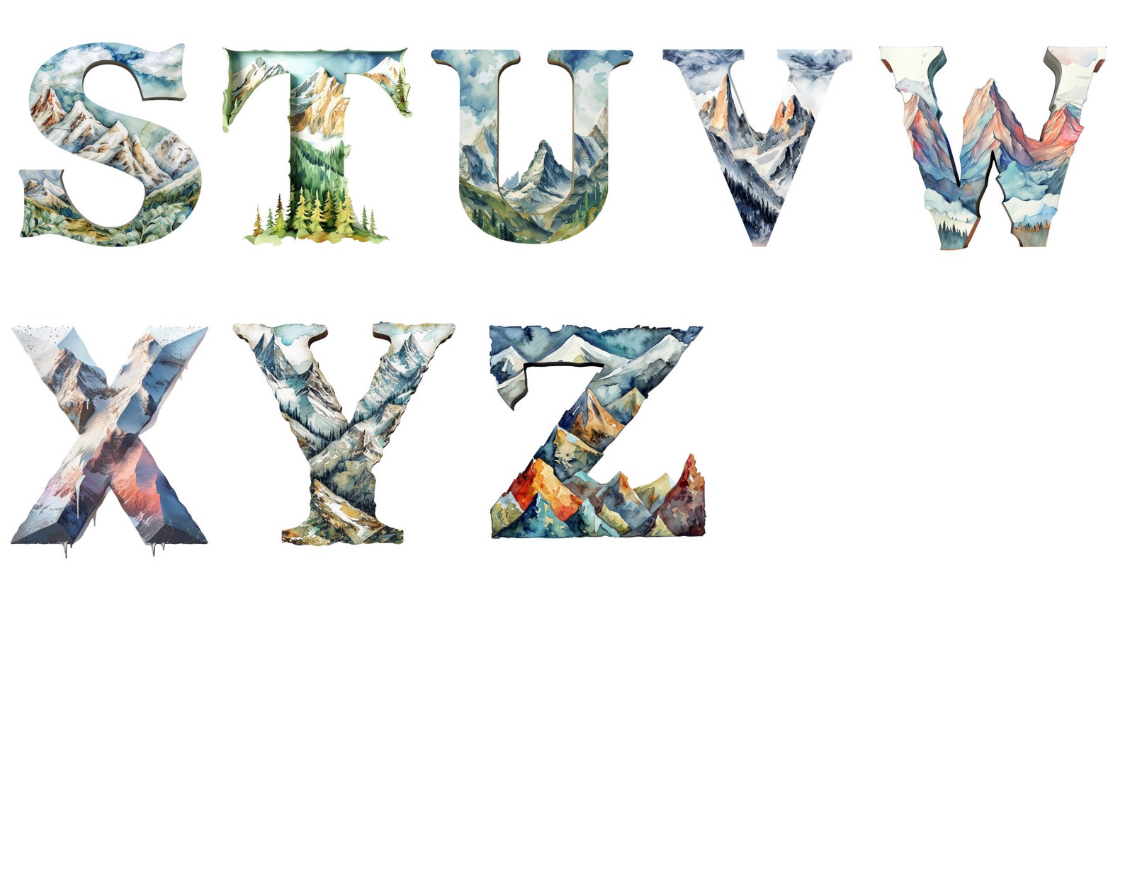 Watercolor Mountain Alphabet Clipart, PNG Individual Images on ...