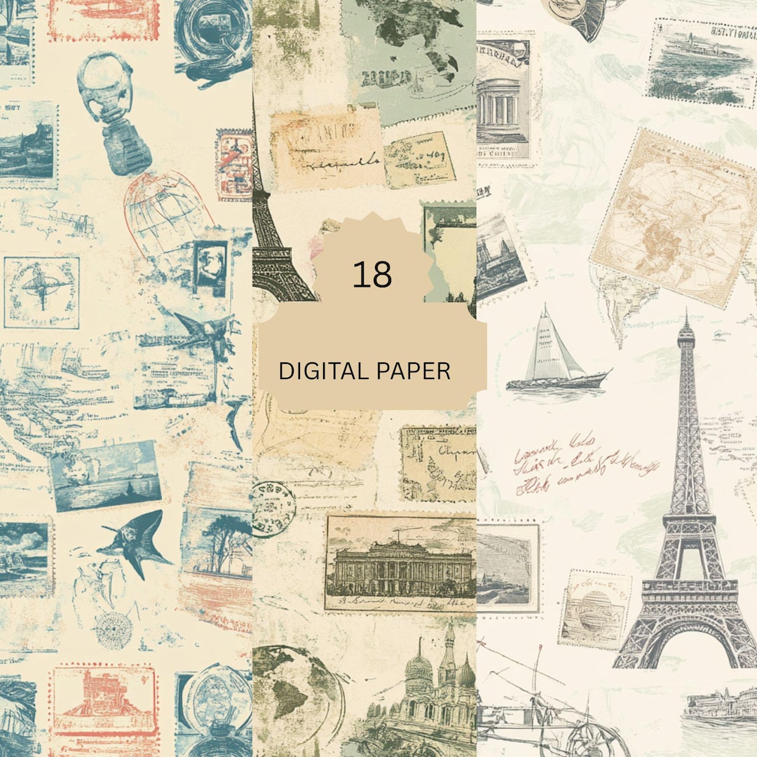 Vintage Travel Digital Paper Pack - Antique Postcards, Maps and Stamps ...