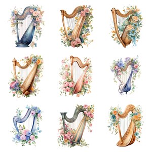 Watercolor Floral Harps Clipart, PNG Digital Files on Transparent ...