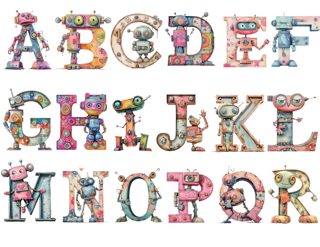 Watercolor Robot Alphabet Clipart, PNG Individual Images on Transparent ...