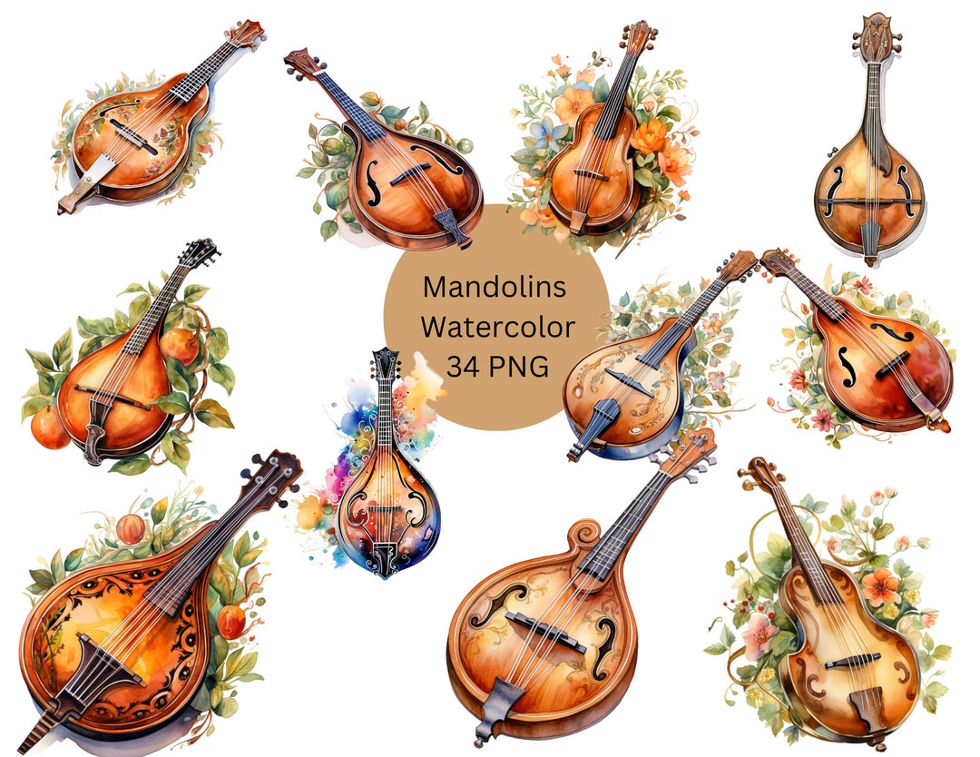 Watercolor Mandolins Clipart, PNG Digital Files on Transparent ...