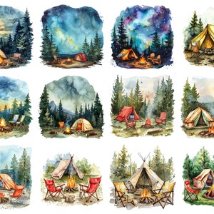 Watercolor Camping Tents Clip Art Graphics in PNG for Commercial Use ...