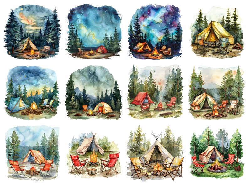 Watercolor Camping Tents Clip Art Graphics in PNG for Commercial Use ...