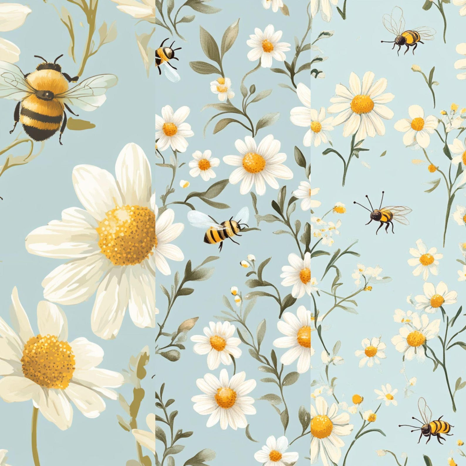 Bee and Daisy Digital Paper – Blue Floral Spring Backgrounds, Cute ...