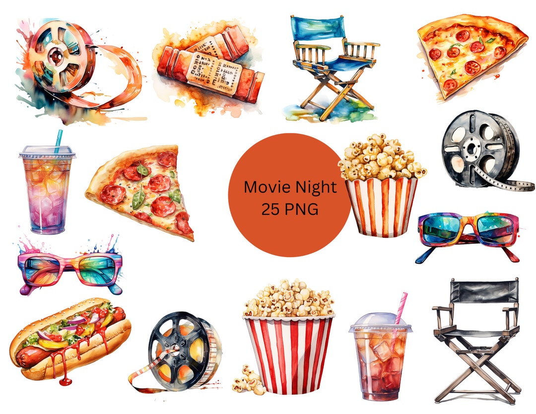 Watercolor Movie Night Clipart, PNG Digital Files on a Transparent ...