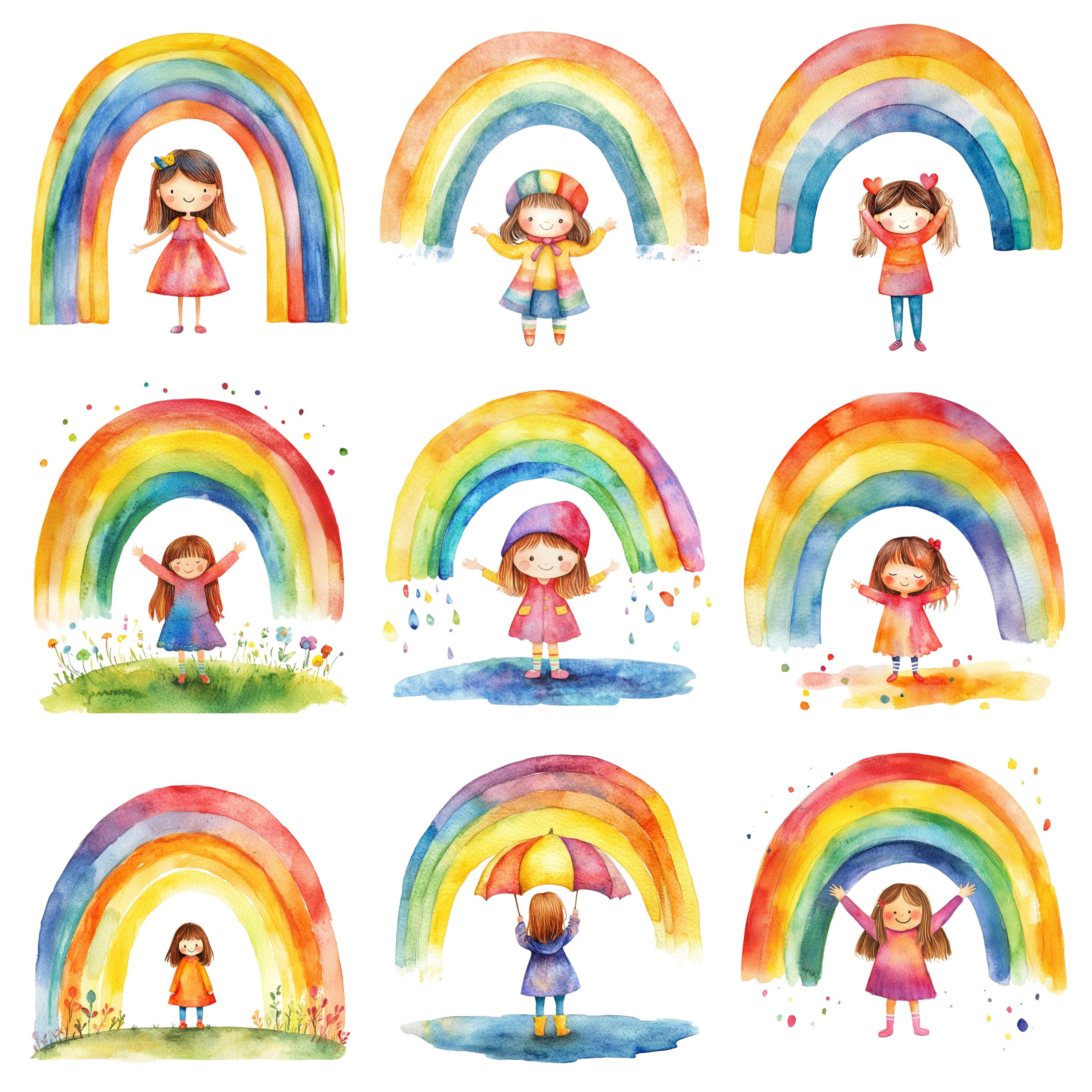 30 Girl and Rainbow Watercolor Clipart, Rainbow Clipart, PNG Individual ...