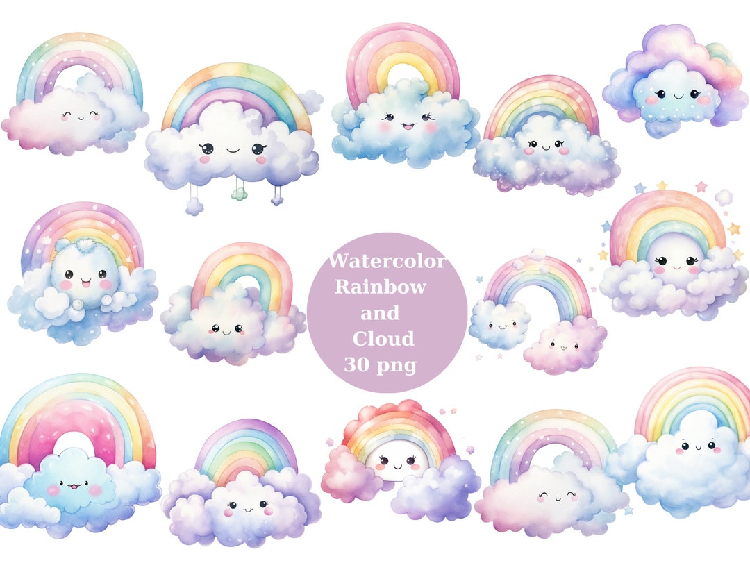 Watercolor Rainbow and Cloud Clipart, PNG Digital Files on a ...