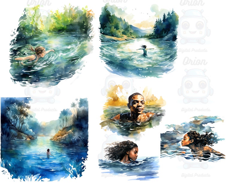 Watercolor Wild Swimming Clipart, Nature Clipart, PNG Digital Files on ...