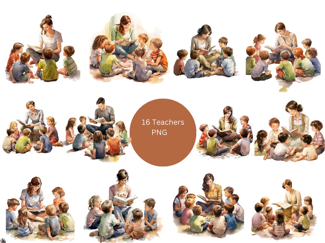 16 Teachers Reading to Children Watercolor Clipart, Teacher Clipart ...
