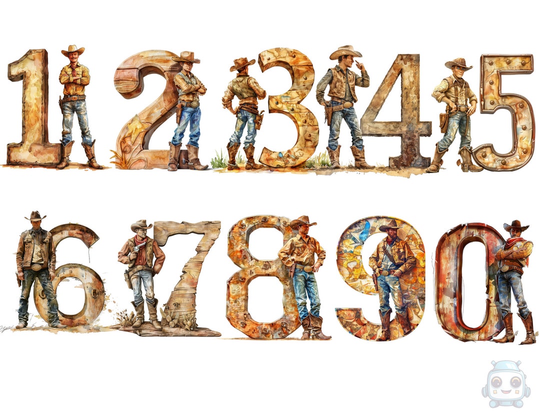 Watercolor Cowboy Numbers Clipart, Western Clipart, PNG Individual ...
