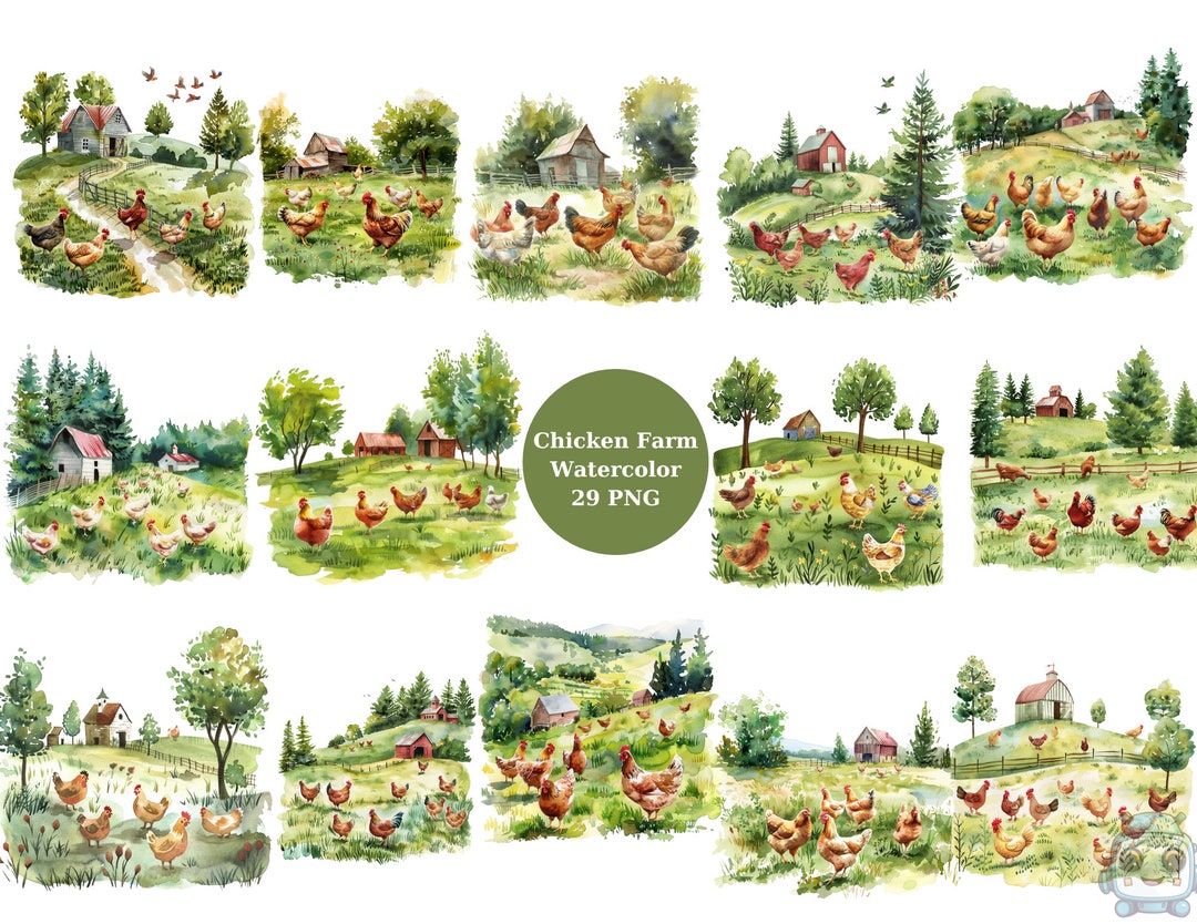 Watercolor Chicken Farm Clipart, PNG Digital Files on Transparent ...