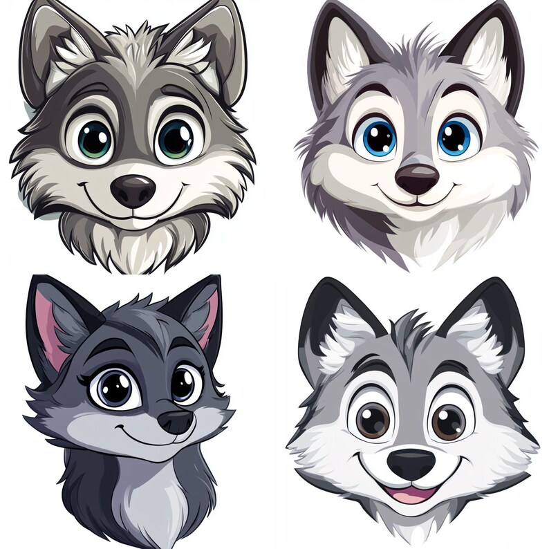 Cute Wolf Clipart Set – Cartoon Wolf Faces PNG, Baby Forest Animal ...