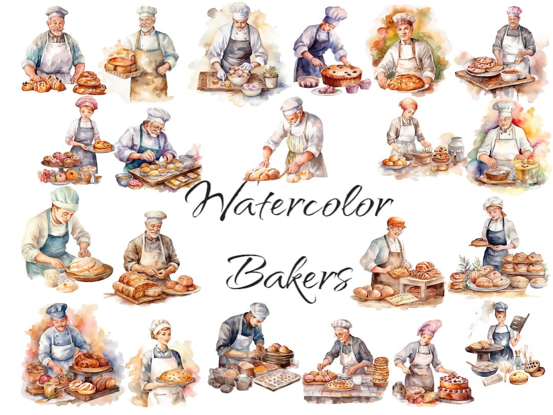 Watercolor Bakers Clipart, PNG Digital Files on a Transparent ...