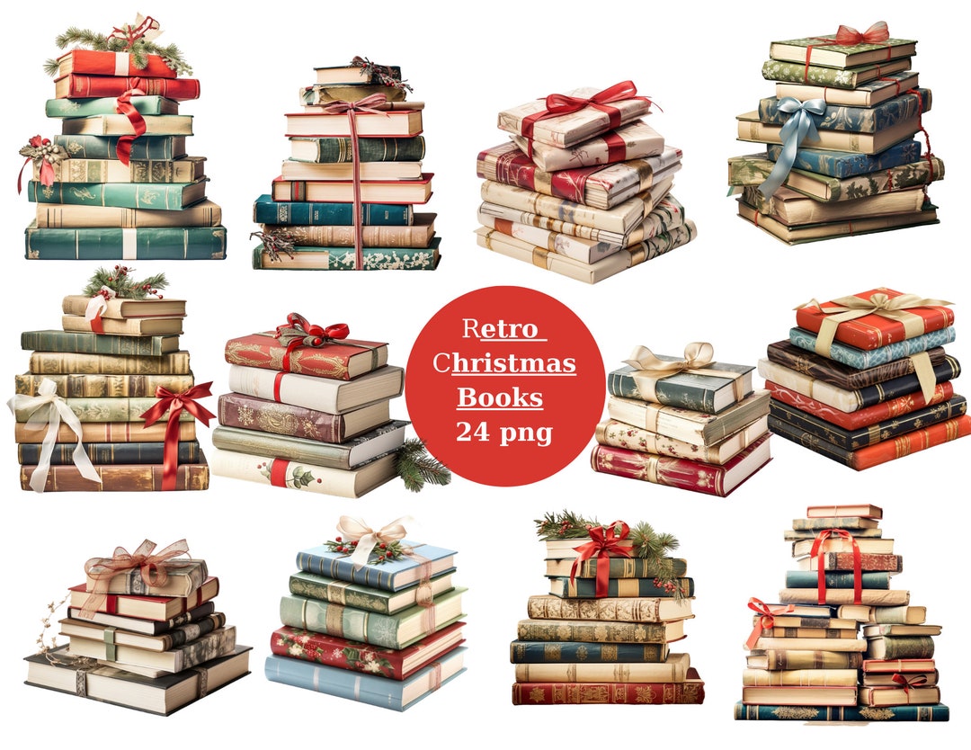 Retro Christmas Books Clipart, PNG Digital Files on Transparent ...