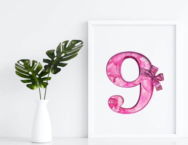 Watercolor Pink Bow Numbers, Bow Numbers, Instant Download for ...