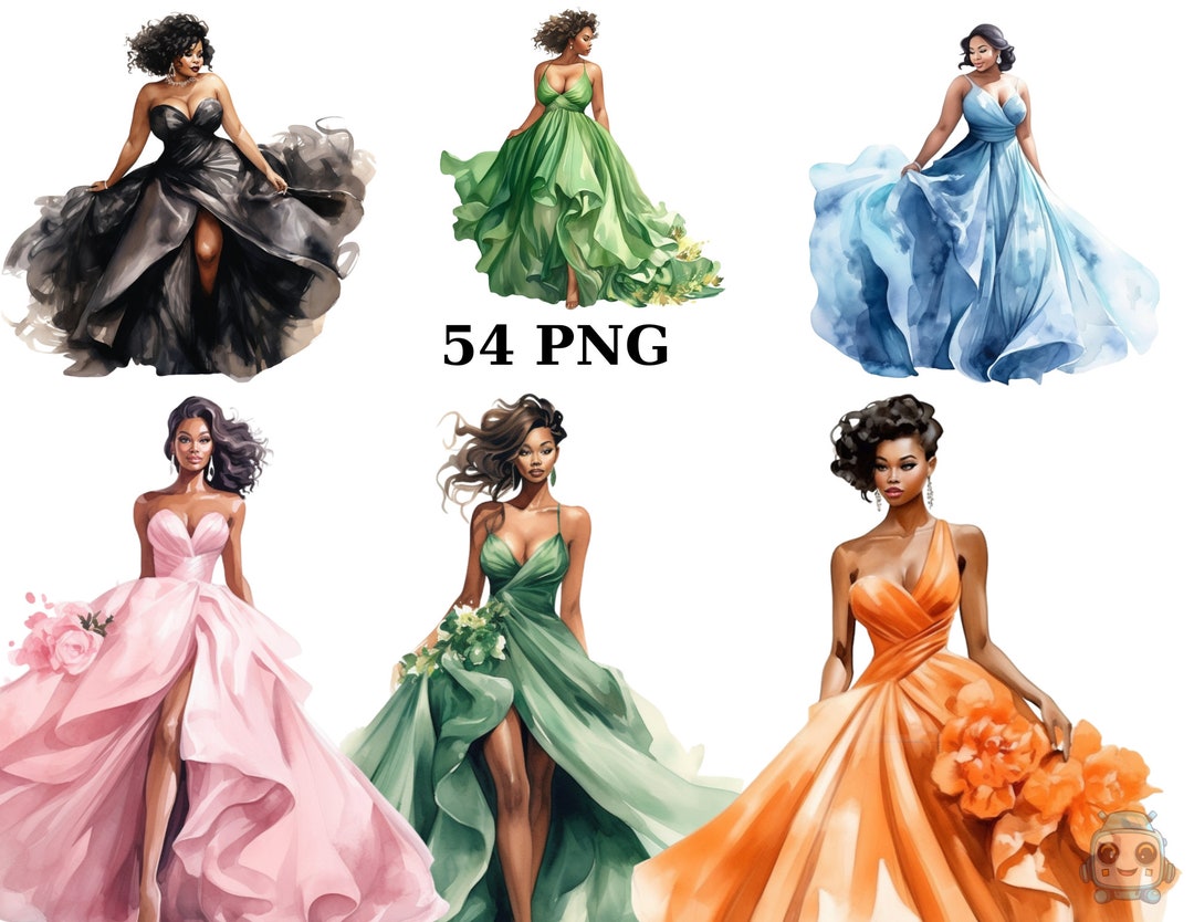 Watercolor 54 Black Women in Dresses Clipart, Prom Clipart, Women of ...