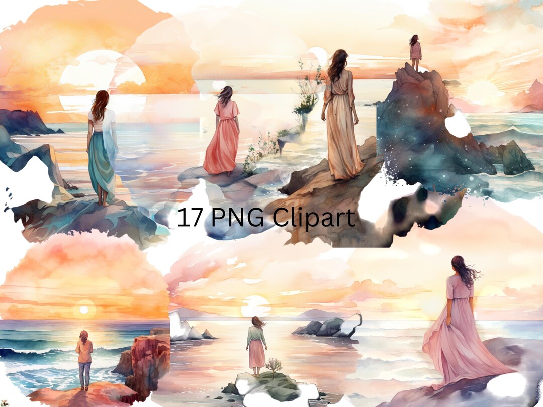 17 Women Staring at the Ocean Watercolor Clipart, PNG Individual Images ...