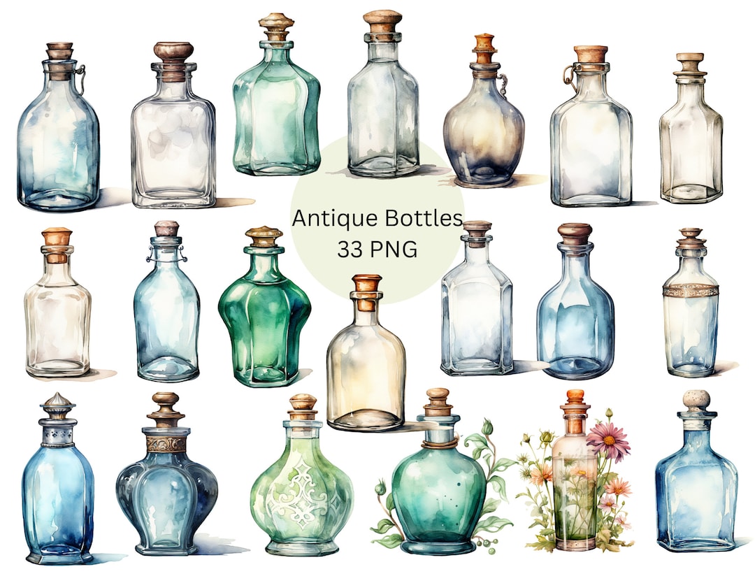 Watercolor Antique Bottles Clipart, PNG Digital Files on a Transparent ...