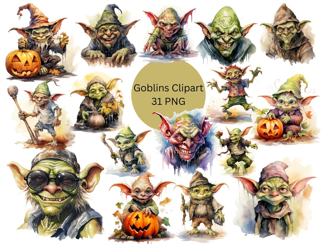 Halloween Goblins Watercolor Clipart, Halloween Clipart, PNG Files on a Transparent Background ...