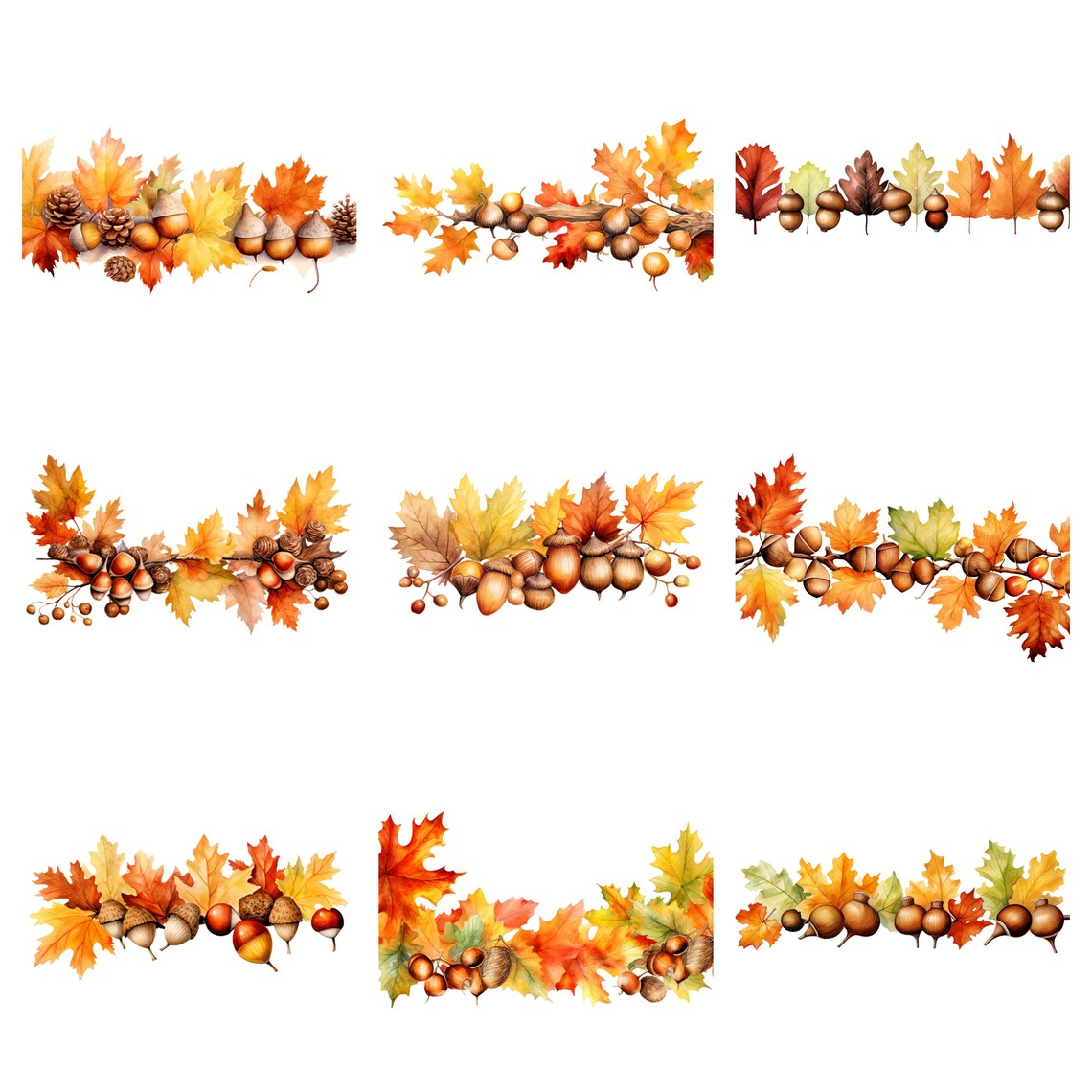 33 Acorn and Maple Leaves Borders Watercolor Clipart, Border Clipart ...