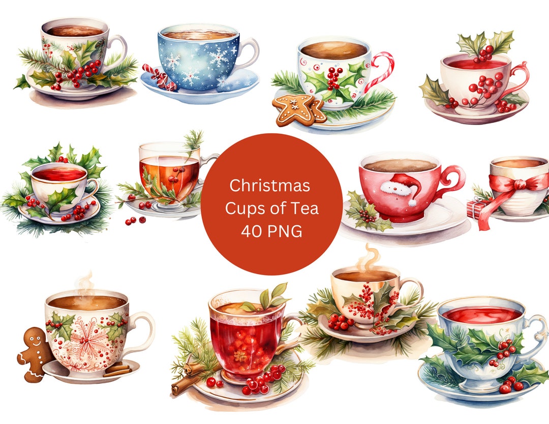 Watercolor Christmas Cups of Tea Clipart, PNG Digital Files on ...