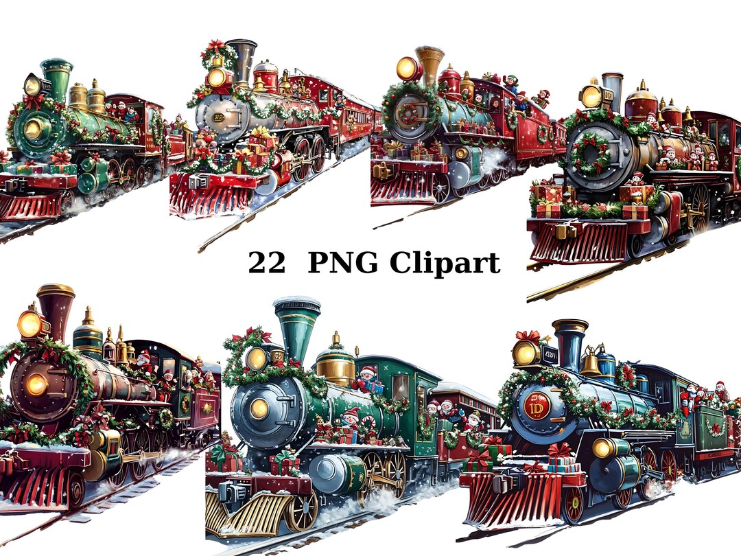 22 Festive Trains Watercolor Clipart, Christmas Clipart, PNG Individual ...