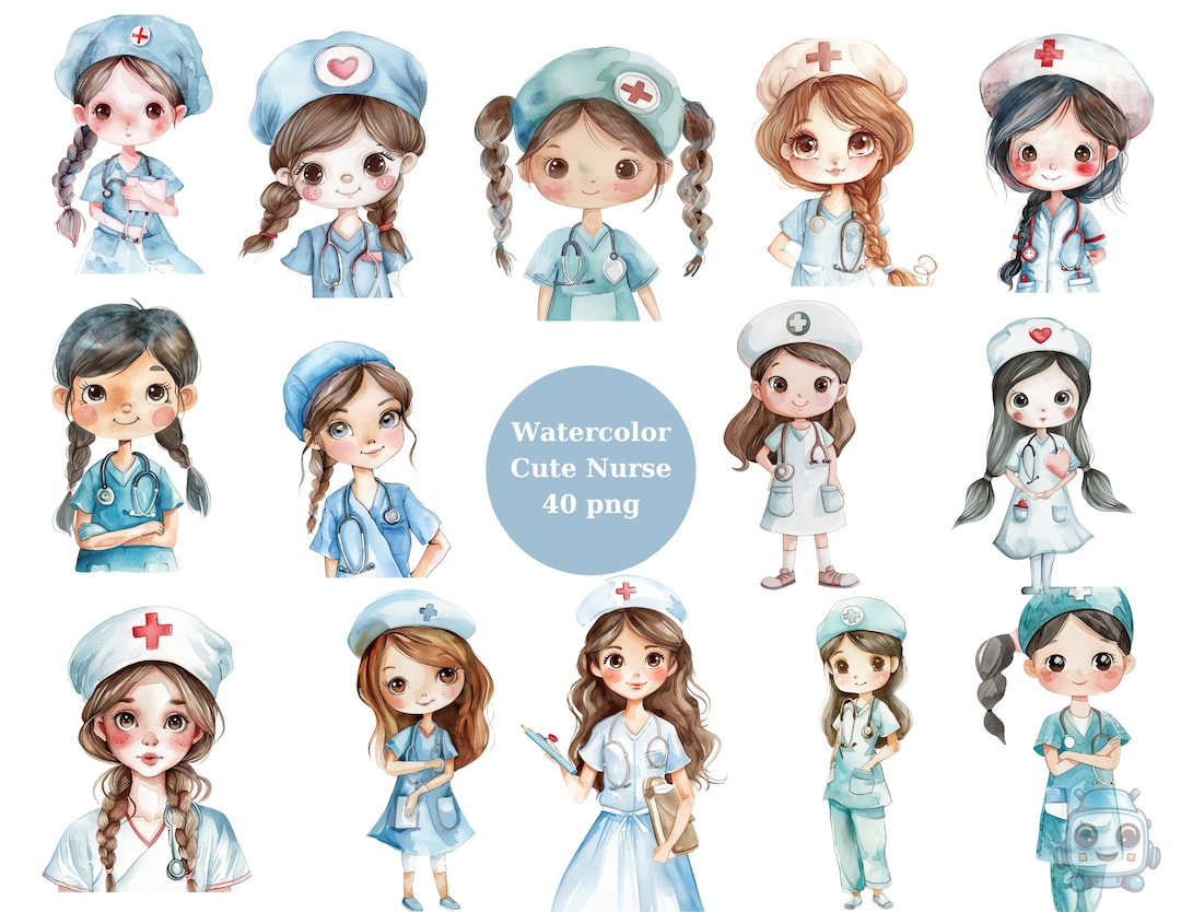 Watercolor Cute Nurse Clipart, PNG Digital Files on Transparent ...