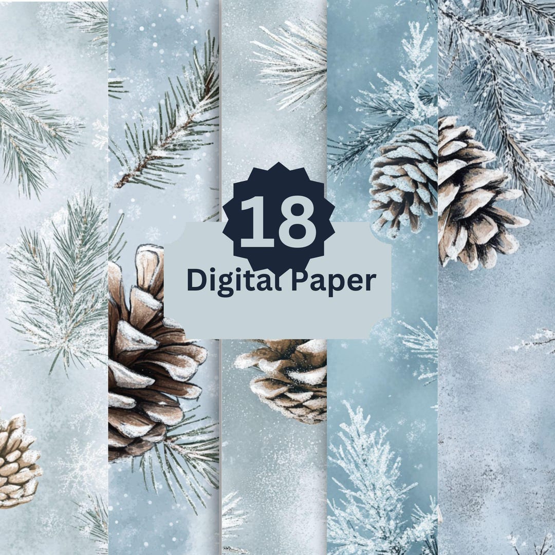 Winter Pine Digital Paper, 18 Snowy Pinecone Backgrounds, Frosty Blue ...