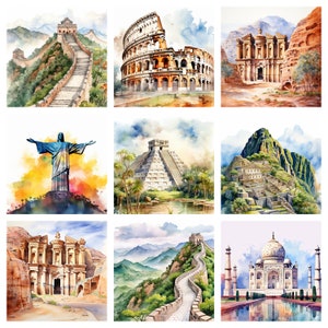 Watercolor 7 New Wonders of the World Clipart, PNG Digital Files ...