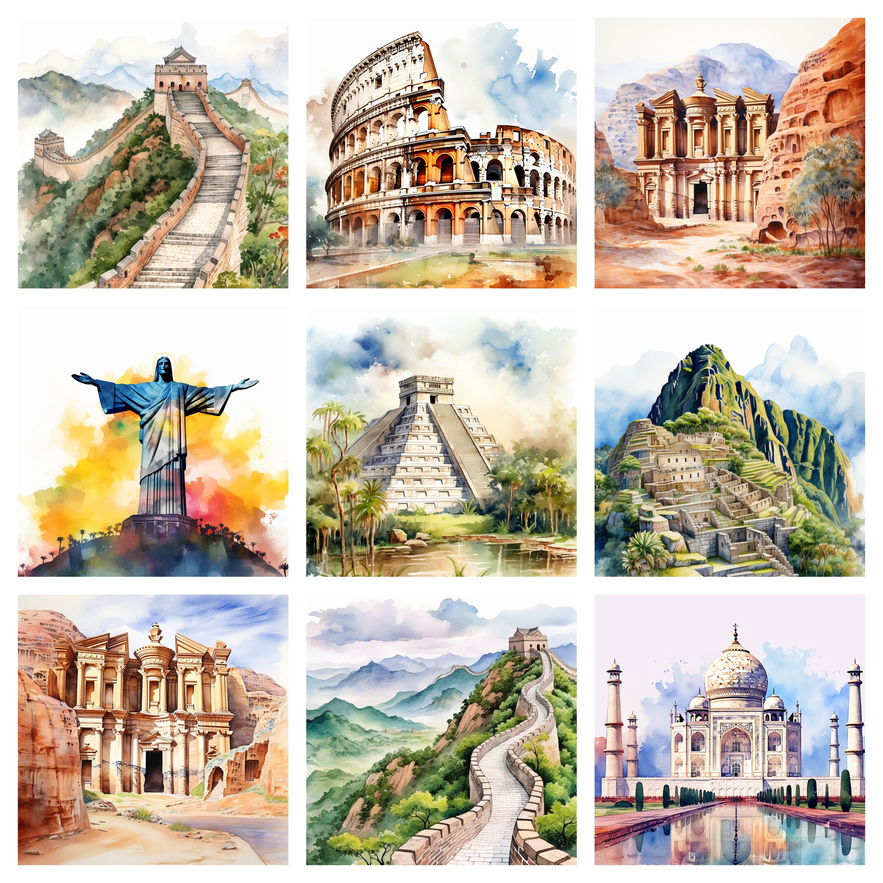 Watercolor 7 New Wonders of the World Clipart PNG Digital - Etsy
