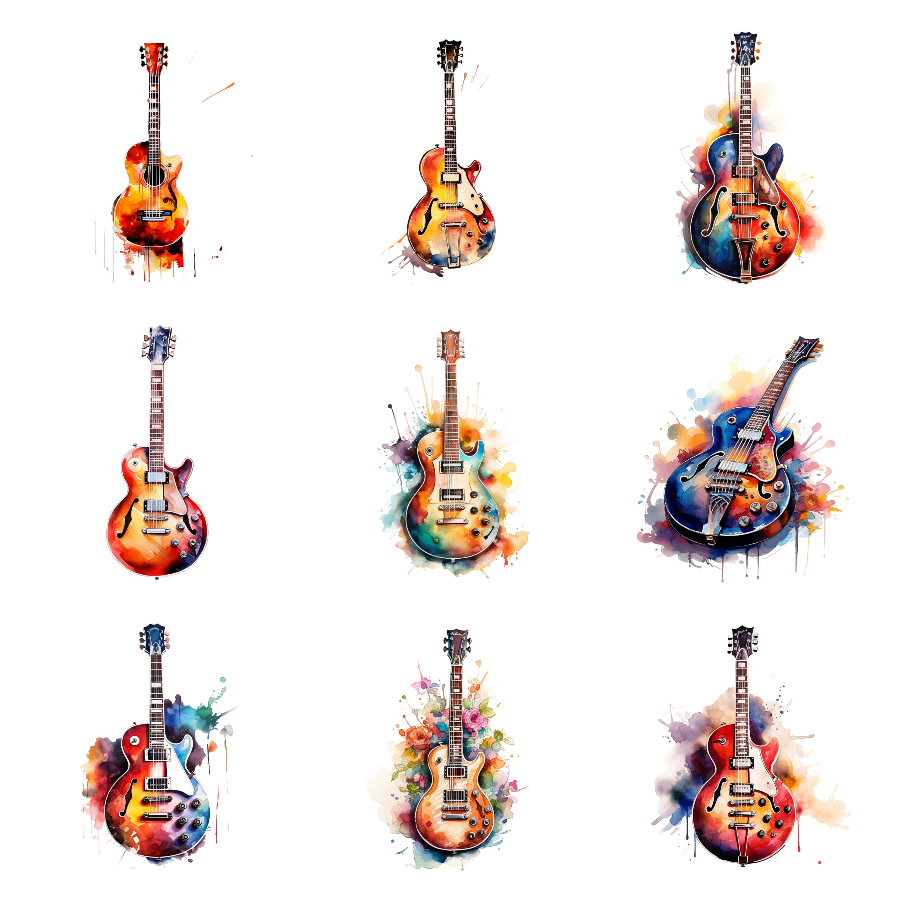 Watercolor Guitars Clipart, PNG Digital Files on Transparent Background ...