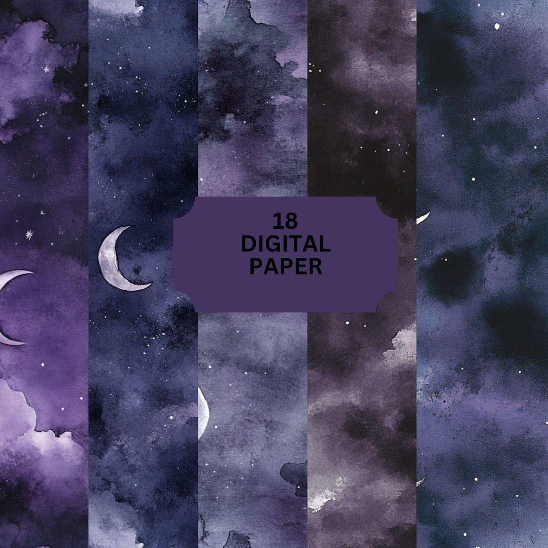 Night Sky Digital Paper – 18 Moon and Star Backgrounds in Purple and ...
