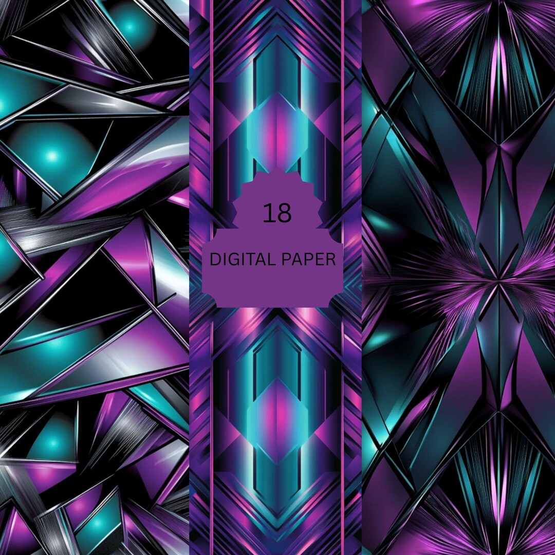Neon Geometric Digital Paper – 18 Futuristic Purple and Teal ...
