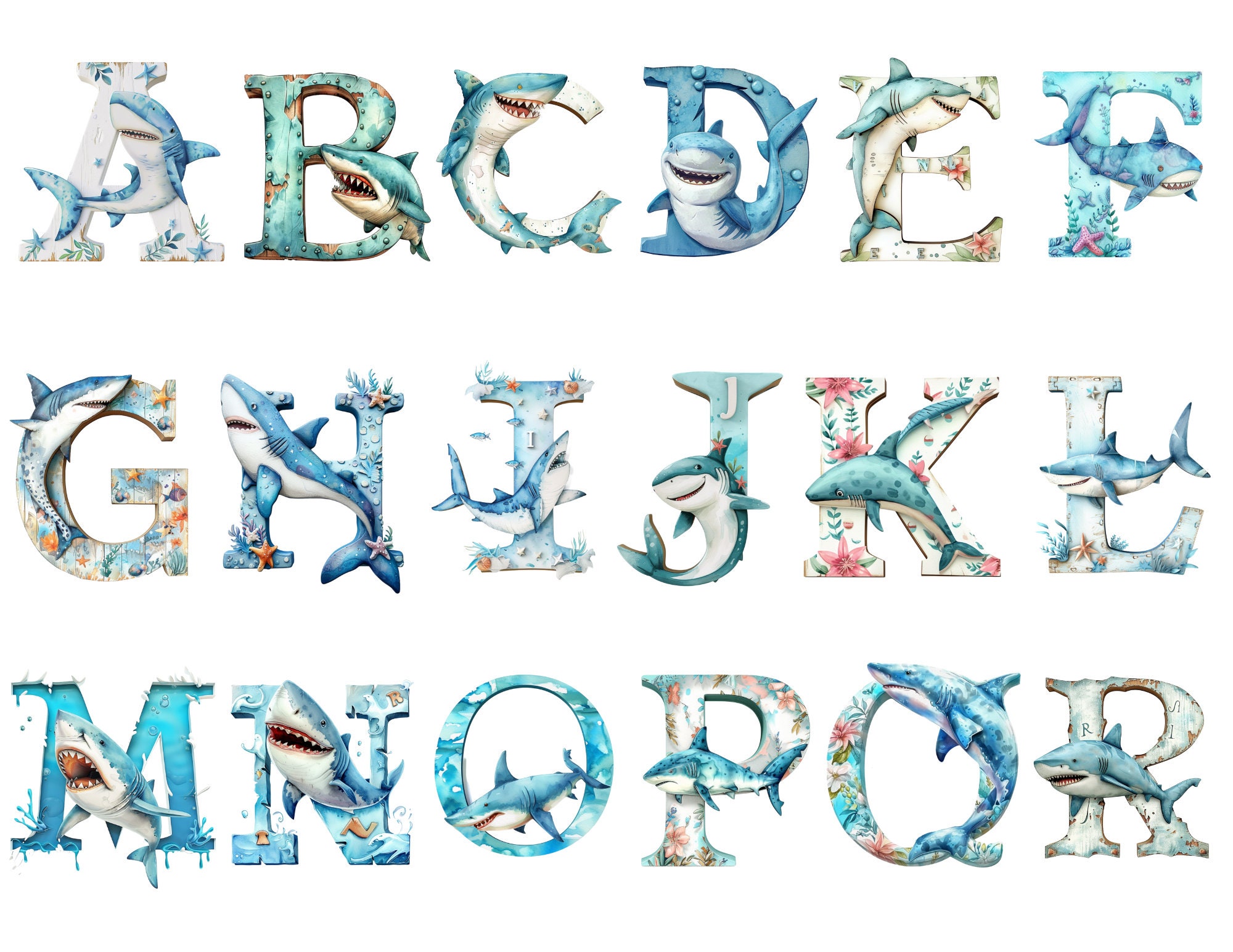 Watercolor Shark Alphabet Clipart, PNG Individual Images on Transparent ...
