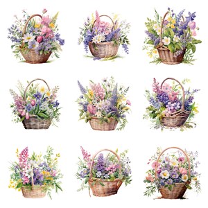 37 Spring Flowers Basket Watercolor Clipart, Floral Clipart, PNG ...